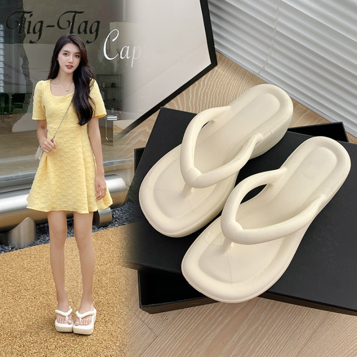 Tig-Tag รองเท้าแตะหญิง รองเท้าแตะ พื้นรองเท้าหนามาก about 5cm INSสไตล์ ...