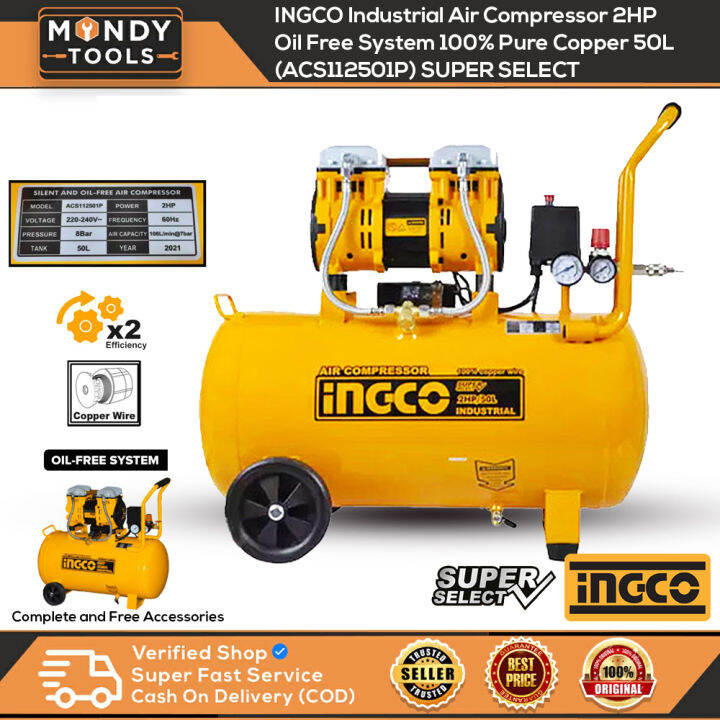 INGCO Industrial Air Compressor 2HP Oil Free System 100% Pure Copper ...