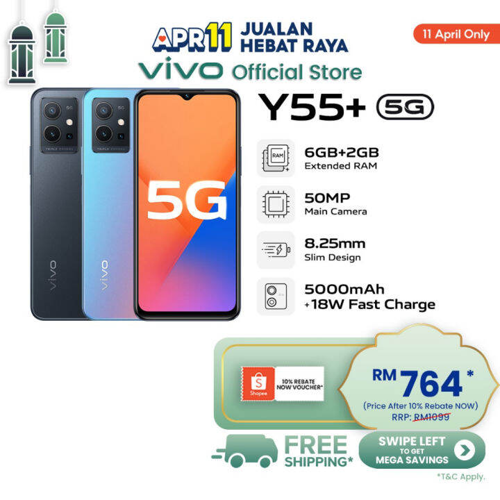 vivo Y55 + 5G Smartphone 6GB + 2GB Extended RAM/ 128GB ROM/ 5000mAh Battery/50MP Main Camera/8 ...