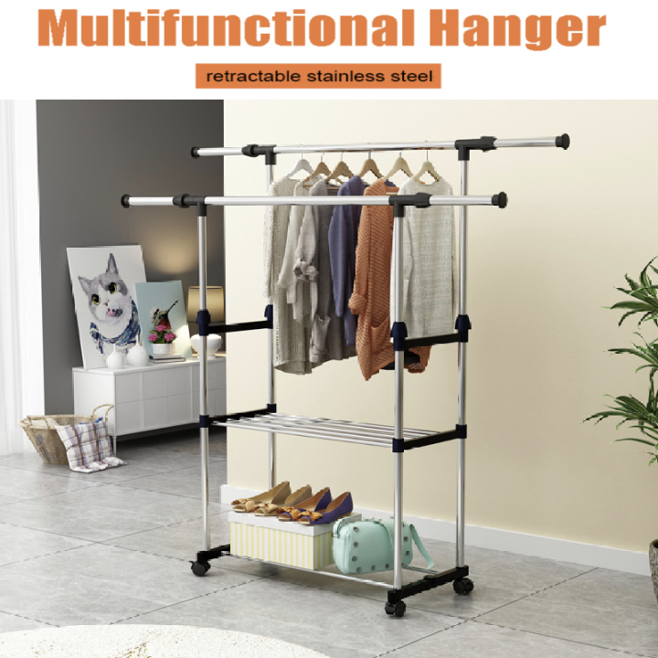 Single & Double Pole Adjustable Stainless Steel Clothes Rack Stand ...