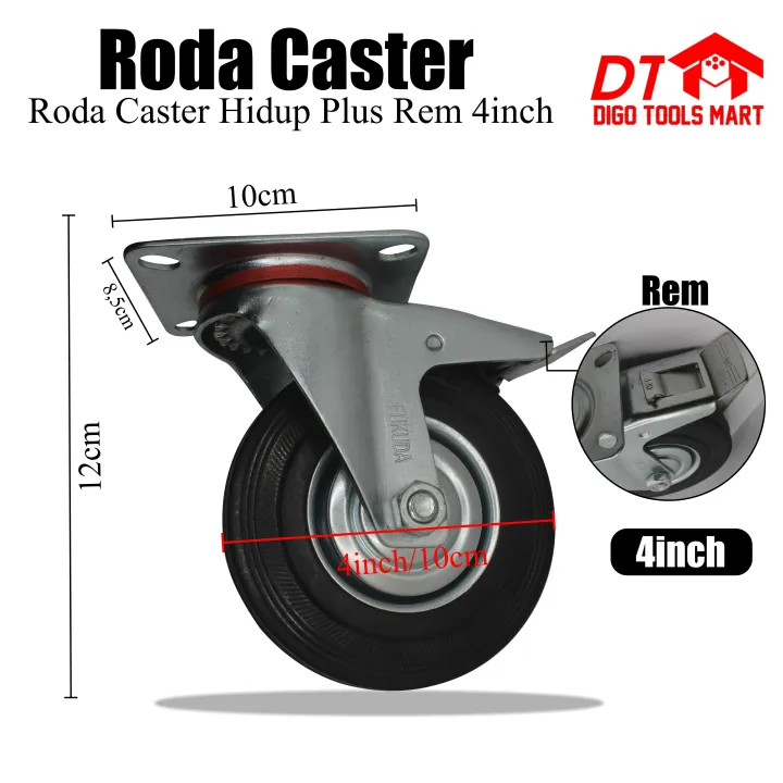 Roda Caster 4 Inci 100mm Rubber Karet Hidup dan Mati Roda Lori Roda ...