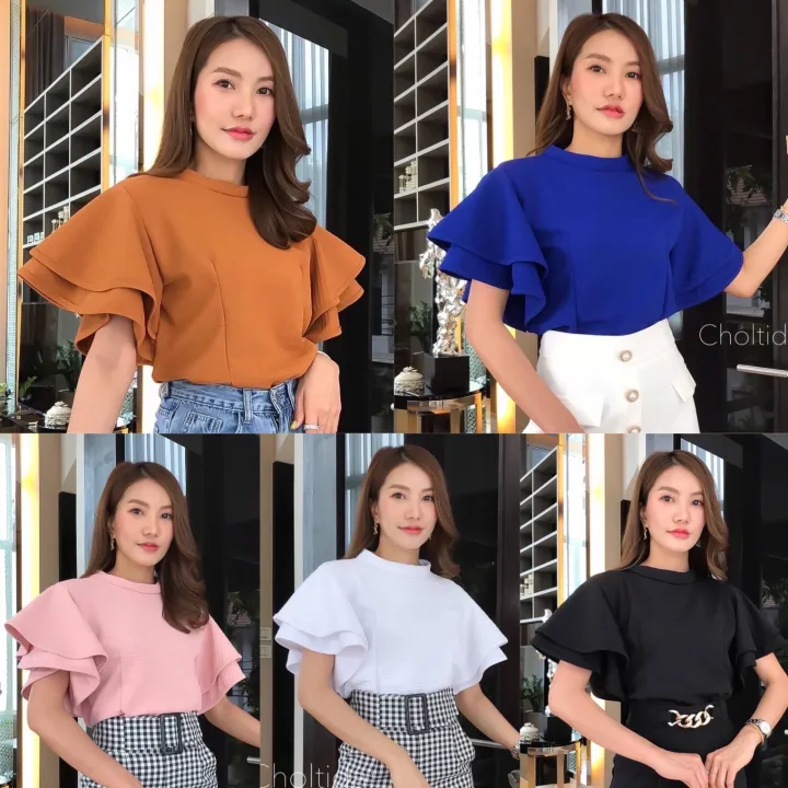 เสื้อ CHOLTIDA 🍄🦄เสื้อ ROSE คอกลม เนื้อผ้าร่อง ผ้ายืดนุ่มเนื้อดีมาก แขนระบายสองชั้นคลิปแขน ซิป ...