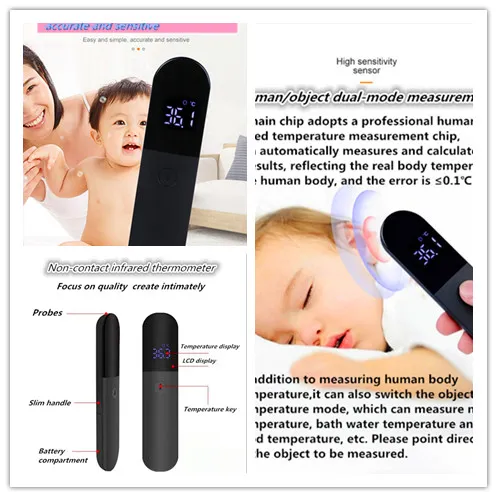 Portable Body Temperature Monitor Non-Contact Infrared Thermometer LED ...