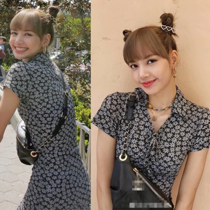 Blackpink Lisa Vintage French Daisy Slim ชุดเดรสแขนสั้นเกาหลีโปโลคอ Bodycon Dress | Lazada.co.th