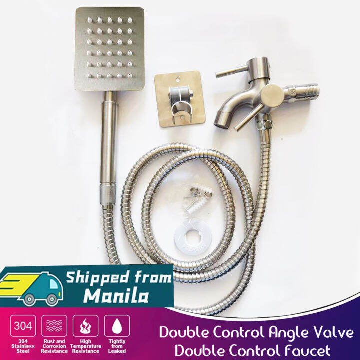 Stainless Steel 3-in-1 Square Hand Shower with Hose and Double Faucet ...