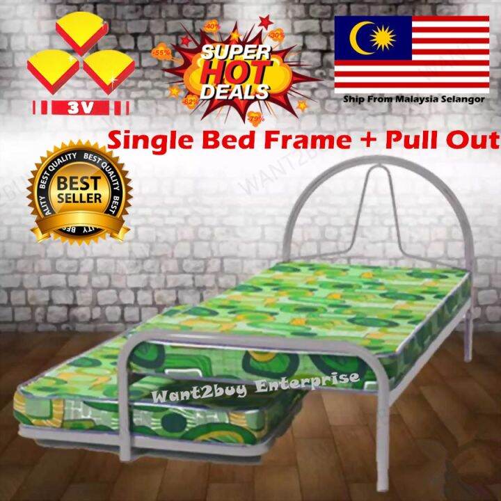 MADE IN 🇲🇾 🔥 3V Single Metal Bed Frame Modern Design + Pull Out Bed ...