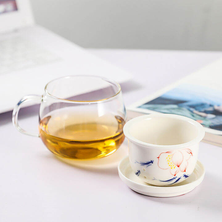 Tea glass ceramic filter with lid to separate tea water cups for men's ...