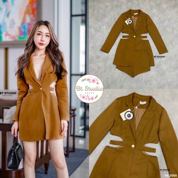 งานป้าย BT-Studio set 2ชิ้นเสื้อเบเซอร์แขนยาวคอปกแต่งกระดุมเม็ดเดียว ช่วงเอวแต่งเว้าเอวแต่งสาย ...