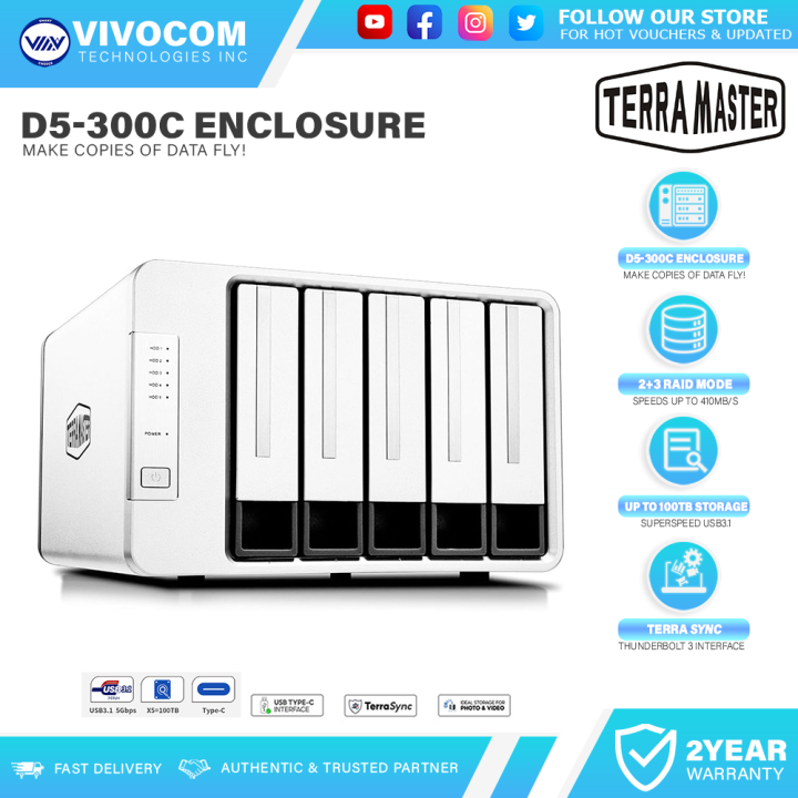 TerraMaster D5-300C USB3.1 (Gen1) Type C 5-Bay RAID Enclosure DAS Support RAID 0/1/Single ...
