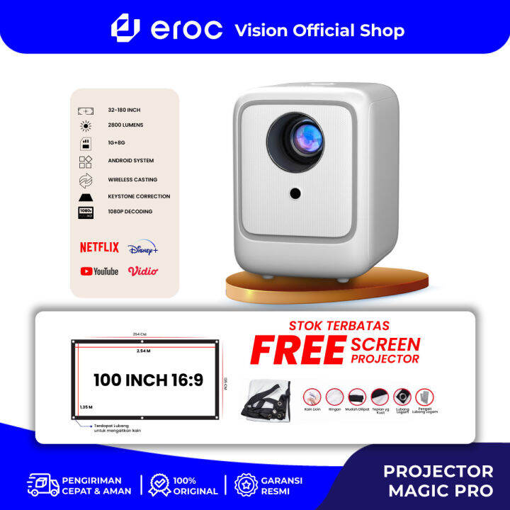 Eroc MAGIC PRO Mini Projector Full HD Decoding 2800 Lumens Android IOS Cast Netflix Compatible ...