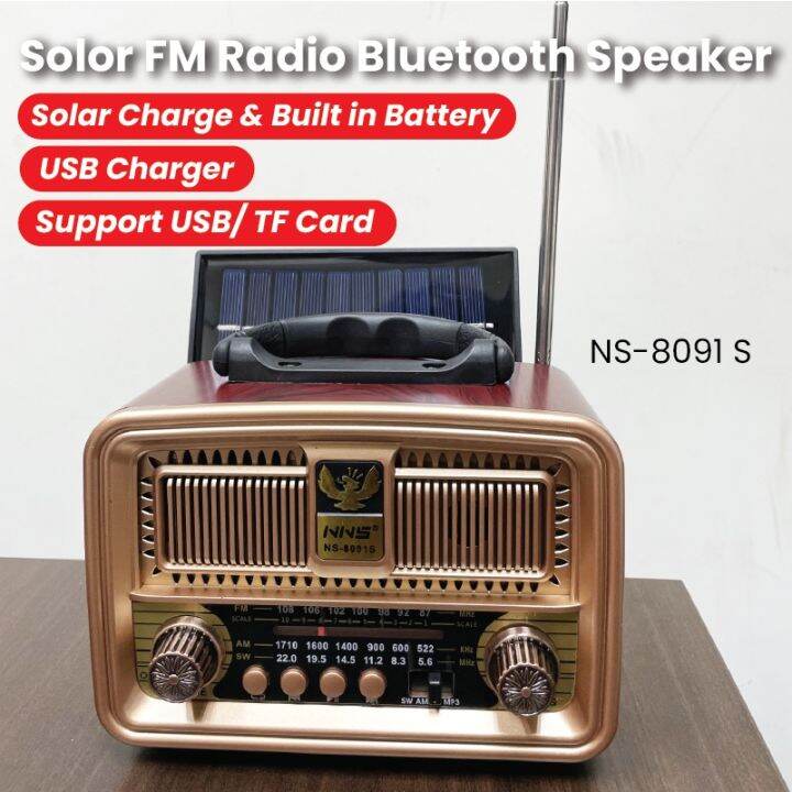 Retro Solar Rechargeable Radio Speaker Bluetooth Phone Holder USB Audio ...