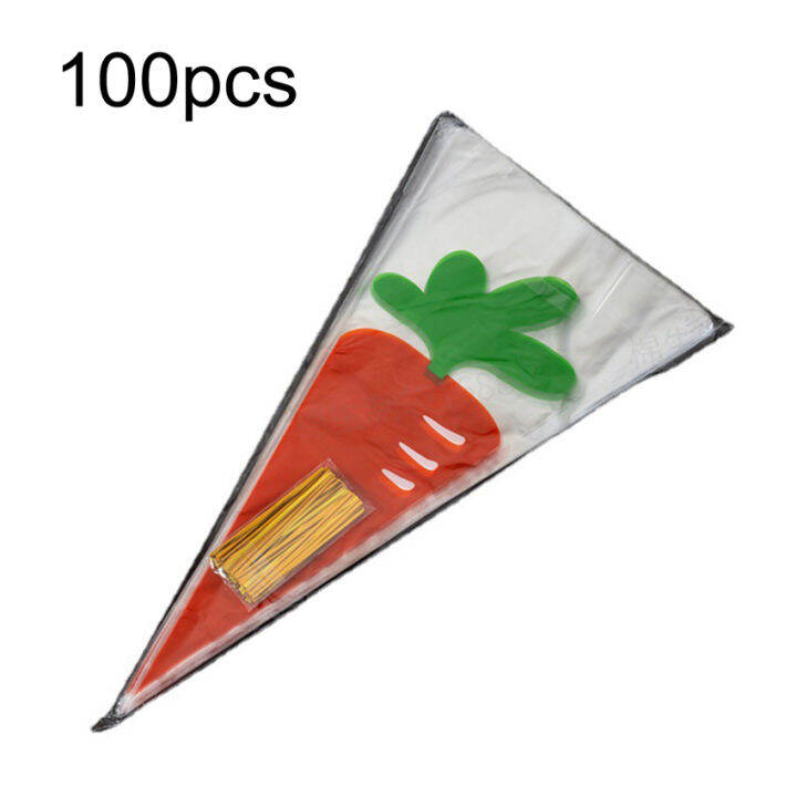 100Pcs ทรงแครอทถุงขนมกระต่ายอีสเตอร์กรวยพลาสติก Cellophane Rabbit รักษา ...