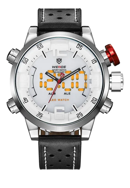 WEIDE Watch for Men's WH5210-2-WHITE DIAL Black Leather Strap 30m Dual ...