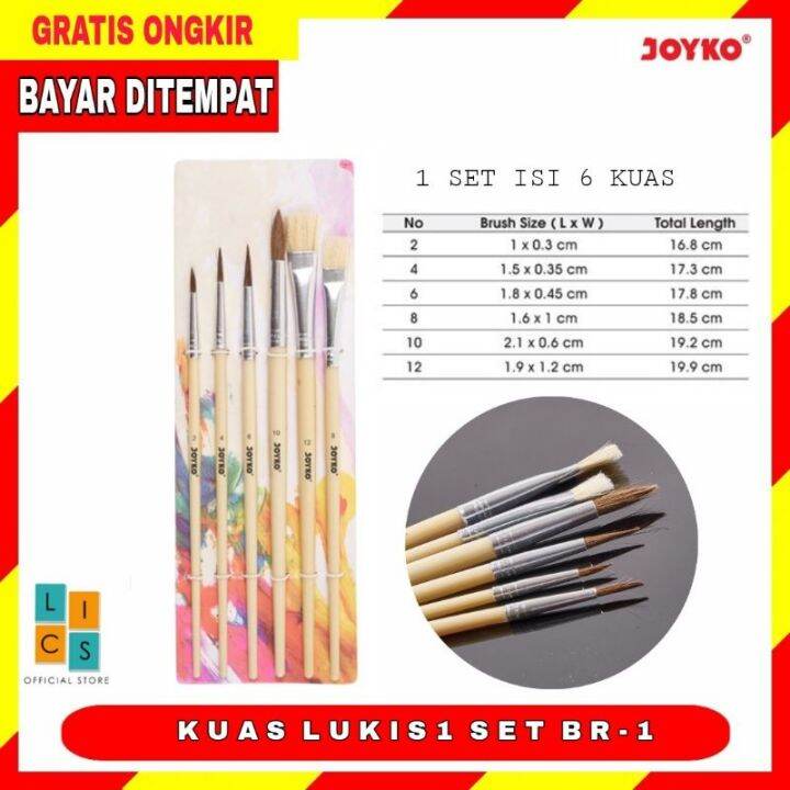 Kuas Lukis 1 Set Joyko BR-1 Isi 6 Ukuran Brush No. 2-4-6-8-10-12 Kuas ...