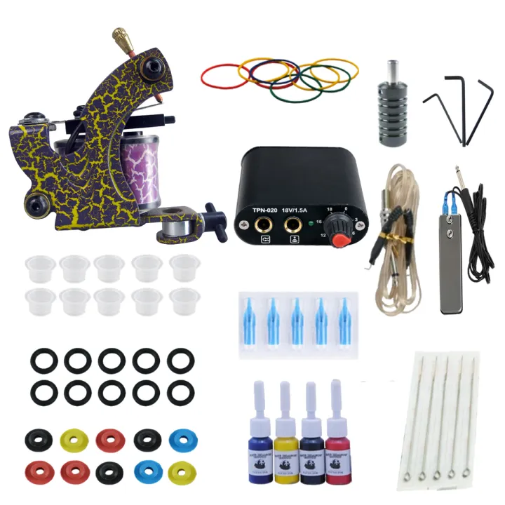 Beginner Complete Tattoo Kit 1 Machines Gun Set Power Supply Grips Body ...