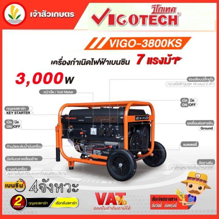 VIGOTECH เครื่องยนต์ปั่นไฟ เบนซิน 3,000 วัตต์ รุ่น VIGO-3800KS ปั่นไฟ เครื่องปั่นไฟ เครื่องยนต์ ...