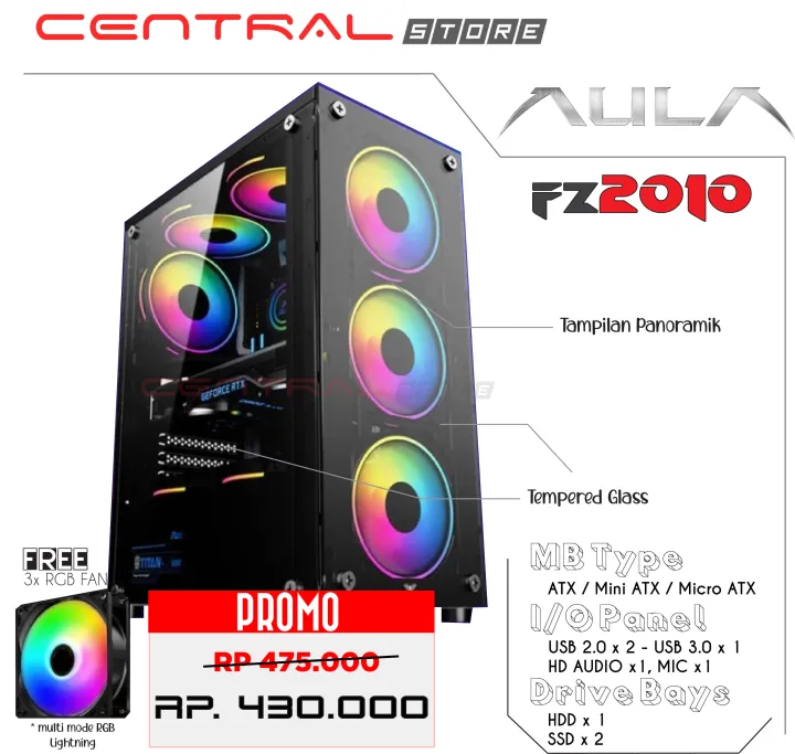 Casing PC AULA FZ010 ATX Tempered Komputer Gaming Case FREE 3 fan RGB ...