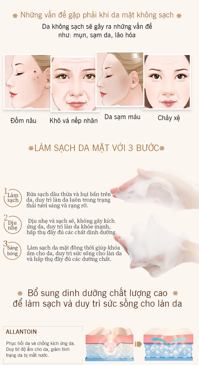Sữa rửa mặt giữ ẩm, trắng da, chiết xuất thiên nhiên từ linh chi, dâu ...