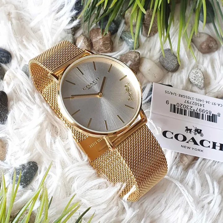Original Coach Three Hand Perry 40mm White Dial Mesh Bracelet Gold Men ...