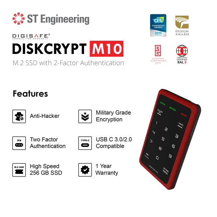 DigiSafe DiskCrypt M10 M.2 SSD with 2-Factor Authentication, 256GB ...