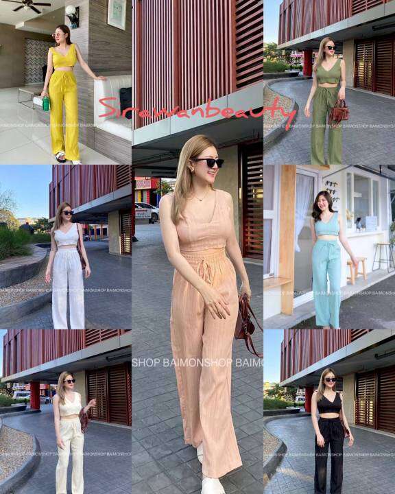 Sirawan ชุดเซต2ชิ้น เสื้อกล้ามครอปไม่มีกระดุมเว้าหลัง+กางเกงขายาวทรงกระบอก หลวมขาบาน ชิคๆคูลเซ็ก ...