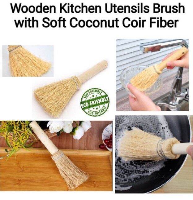 Wooden Kitchen Utensils Brush with Soft Coconut Coir Fiber for Cleaning ...