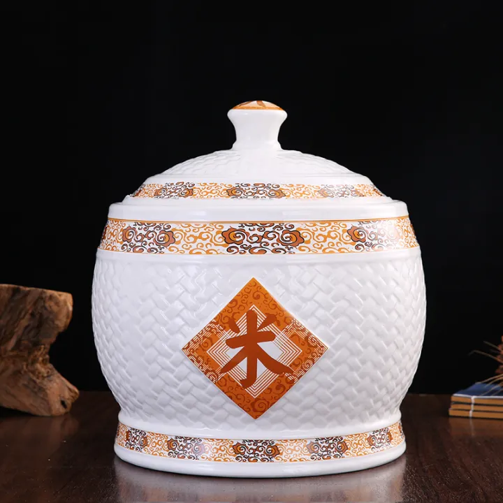 Jingdezhen ceramic rice jar rice barrel rice storage box 10 kg 20 kg ...