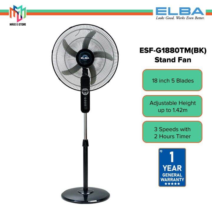 Elba Industrial Stand Fan ESF-G1880TM(BK) 18 Inch 5 Blades with 2 Hours ...