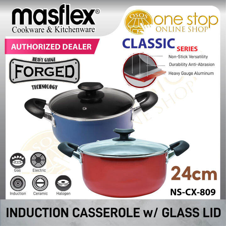 MASFLEX Original NON-STICK INDUCTION CASSEROLE WITH GLASS LID 24cm NS ...