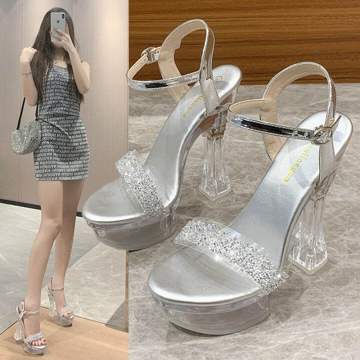 Women's Banquet Open Toe Platform Transparent Crystal Chunky Heel High ...