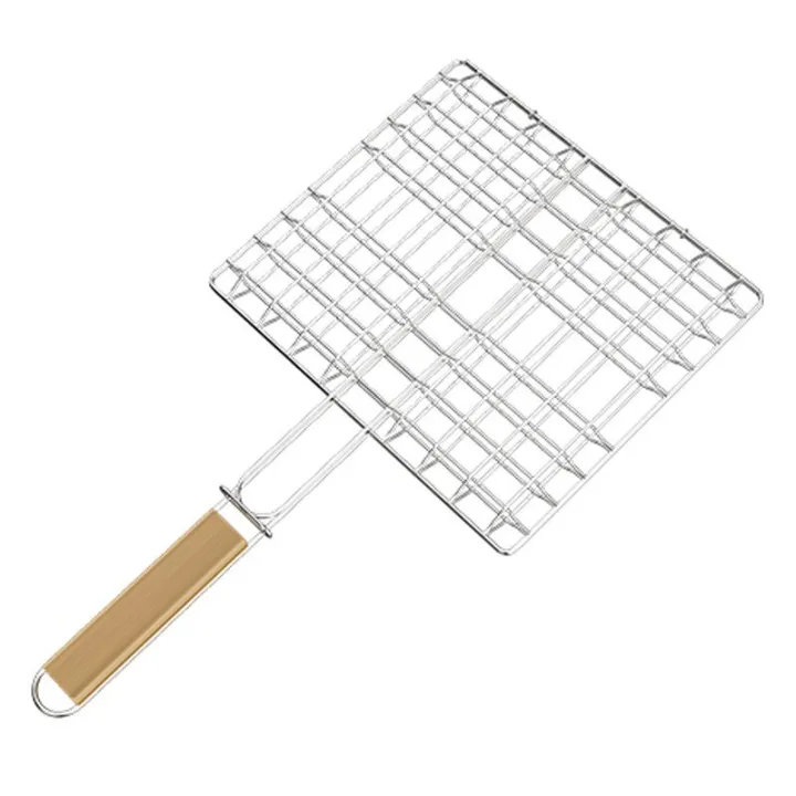 Edge Square Folding BBQ/Fish Grill Net Galvanized Wire Wooden Handle ...