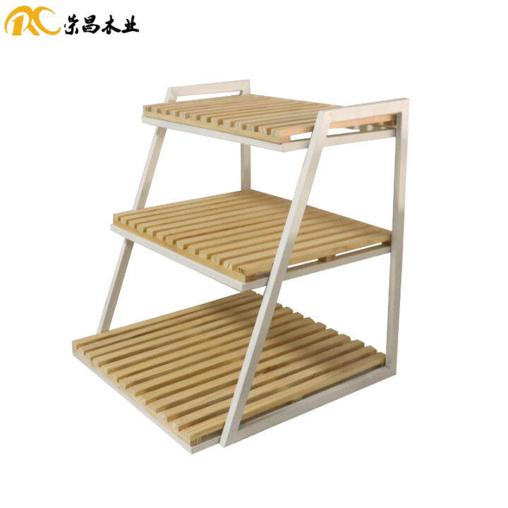 Solid wood three-layer wrought iron cake bread display stand Bakery ...