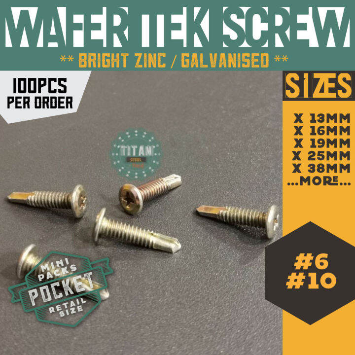 Titan Steel - 100pcs - #6 #10 Wafer Tek Screw / Wafer Teks (Bright Zinc ...