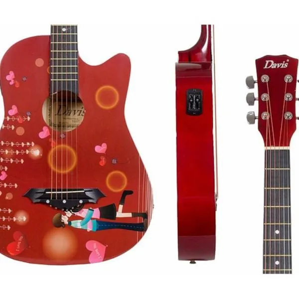 Davis Acoustic Guitar D3803-EQ2 Red color with design PACKAGE DEAL WITH ...