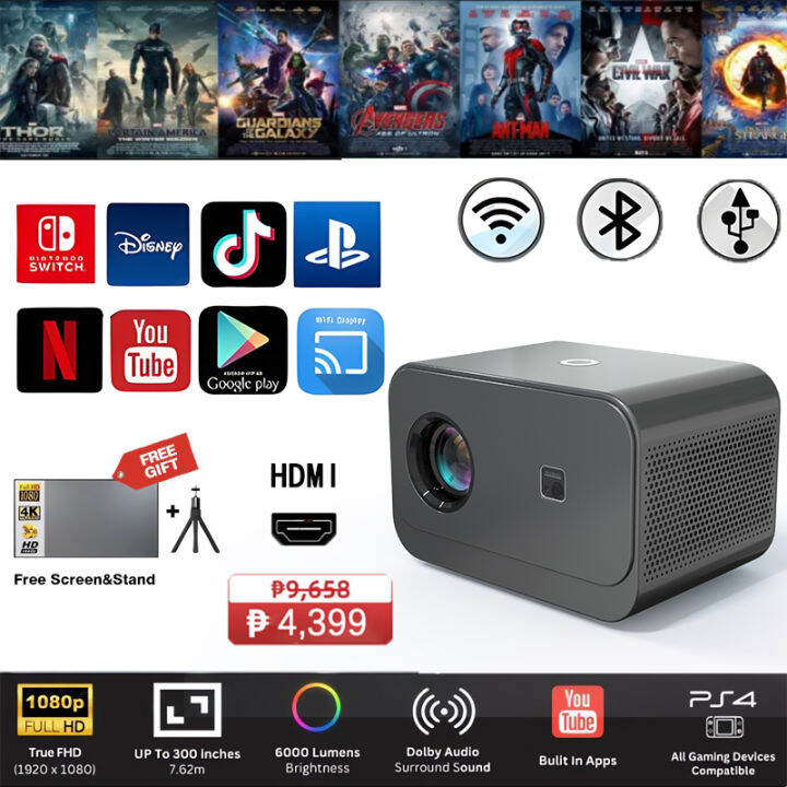 【FREE SCREEN+STAND】Mini Projector 6000 Lumens HD 1080P 4K Ultra HD WiFi ...