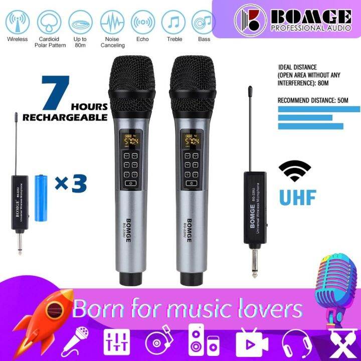 BOMGE UHF Wireless Microphone, Dual Cordless Metal Dynamic Microphone System with Rechargeable ...
