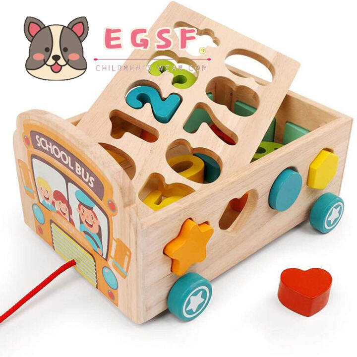 Classic Wooden Toy Pulling Bus 123 Number Learning Shape Puzzle Sorting ...