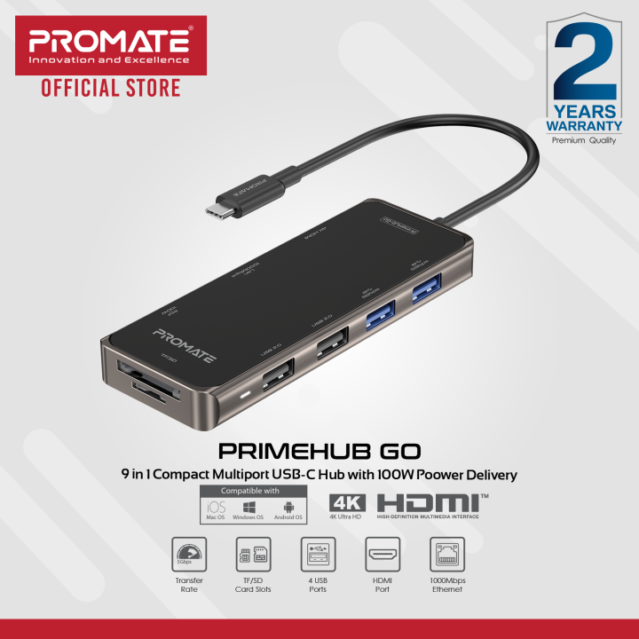Promate PrimeHub-Go Compact Multiport USB-C Hub with 100W Power ...