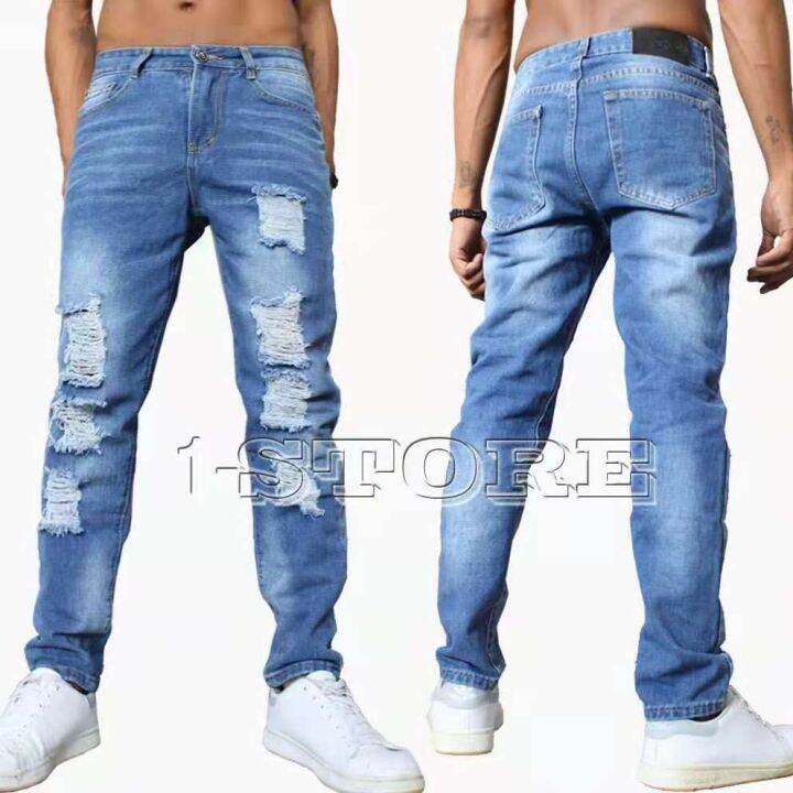 Man Light Blue Jeans Tattered Knee Cut Design Pants / Lalaki Maong ...