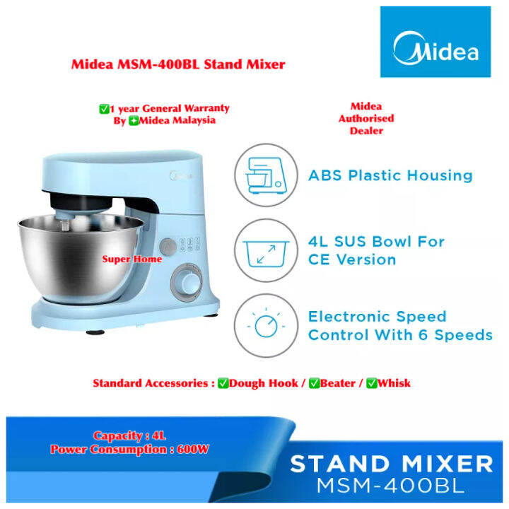 Midea Stand Mixer MSM-400BL 4L Stainless Steel Bowl (600W) | Lazada