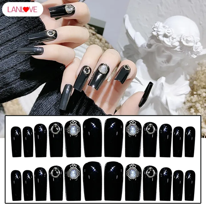 LANLOVE 24PCS Fake Nails Long Flat Head Nails Sweet Black Nail Art ...