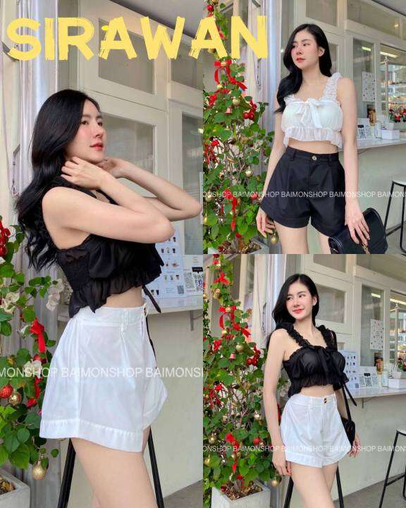 Sirawan ครอปผู้หญิง ครอปสายเดี่ยวแขนกุด เพิ่มดีเทลผูกโบว์ มีฟองน้ำ สวยน่ารักเซ็กซี่ แฟชั่นเสื้อ ...
