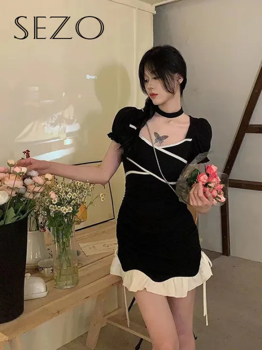 SEZO ชุดเดรสปาดไหล่คอเหลี่ยมสไตล์เกาหลีสำหรับผู้หญิง | Lazada.co.th