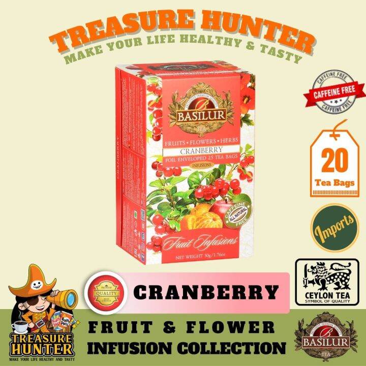 Basilur Fruit Infusion Cranberry 20 Individual Foil Enveloped Caffeine ...