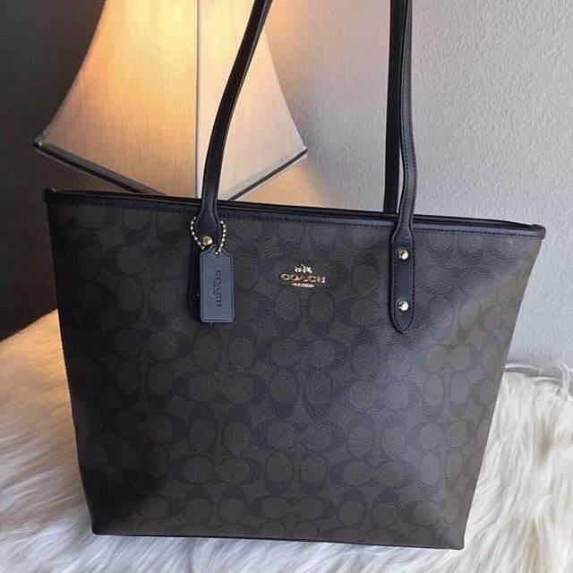 ของแท้ 100 % COACH F58292 แฟชั่นสุภาพสตรีซิปกระเป๋าช้อปปิ้ง Tote Coated ...