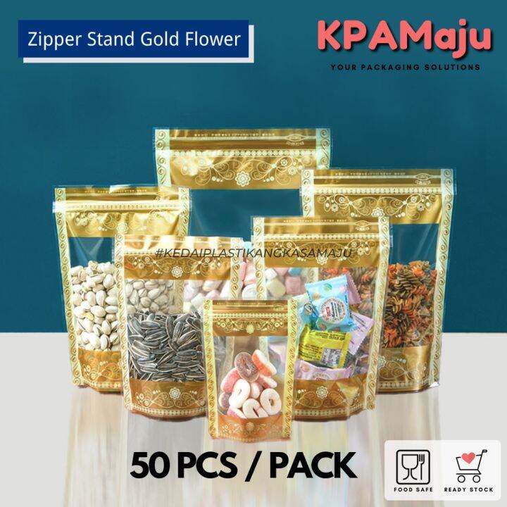 [50pcs] Zipper Stand Gold Flower - Air Tight Sealable Ziplock Stand ...