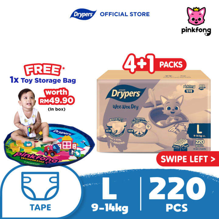 Drypers Wee Wee Dry L44s x 4+1packs (220pcs) Pinkfong Limited Edition ...