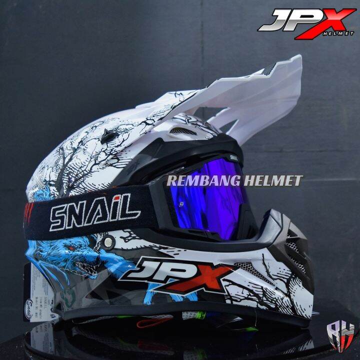 HELM JPX CROSS FOX1 X14 PEARL WHITE GLOSS PAKET GANTENG GOOGLE SNAIL ...