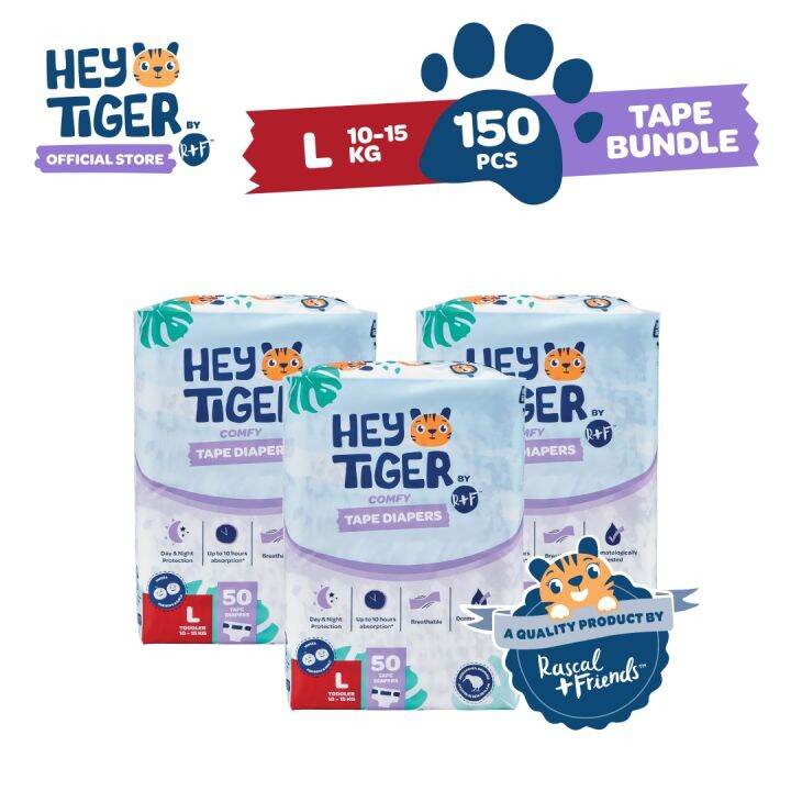 HEY TIGER Tape Diapers LARGE (10-15 kg) - Bundle Pack 150pcs (50pcs x 3 Jumbo Packs) | Lazada PH