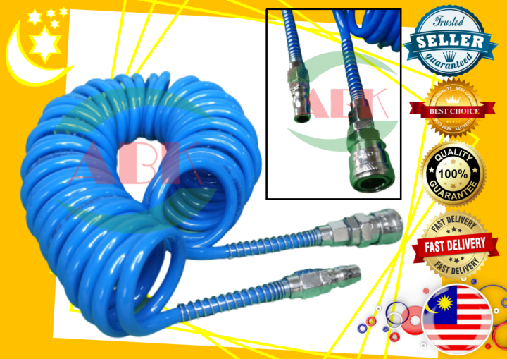 PNEUMATIC PU COIL FLEXIBLE AIR HOSE WITH SPRING COUPLER PIPE ANGIN (9M ...